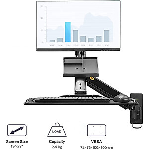 Sit Stand Workstation Wall Mount Height Adjustable Sit-Stand Converter for 19''-27'' Screens with Keyboard Tray, VESA 75/100, Load Capacity from 4.4-19.8lbs MB32-B