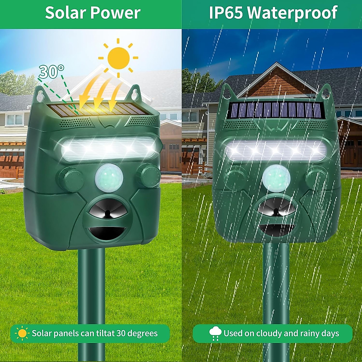 Ultrasonic Animal Repellent Outdoor Solar Animal Repeller with Motion Sensor&LED Strobe Light Cat Repellent Outdoor Deer Repellent Devices Waterproof Dog Deterrent Skunk Repellent for Yard (2), GREEN