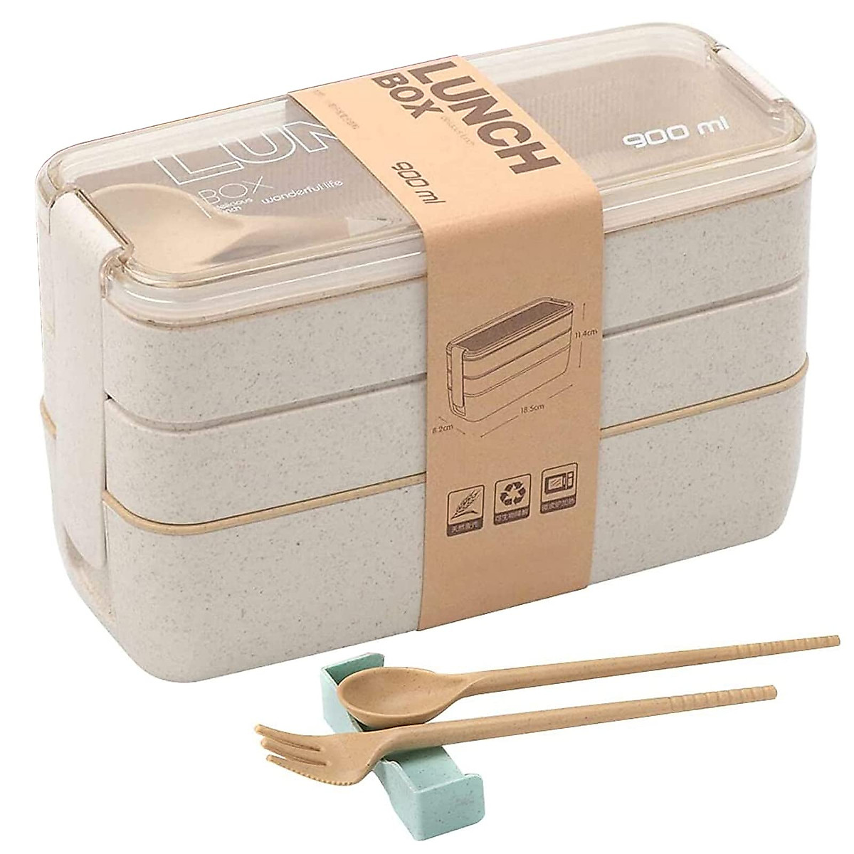 Rarapop Beige Stackable Bento Lunch Box Kit, 3-In-1 Compartment Wheat Straw Lunch Containers with Tableware, Reusable On-the-Go Meal and Snack Containers