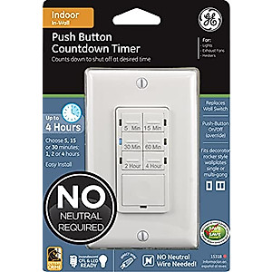 GE Push-Button Countdown Timer Switch, 5-15-30 Minute/1-2-4 Hour, ON/Off, No Neutral Wire Needed, Ideal for Lights, Exhaust Fans, Heaters, Wall Plate Included, 15318 , White