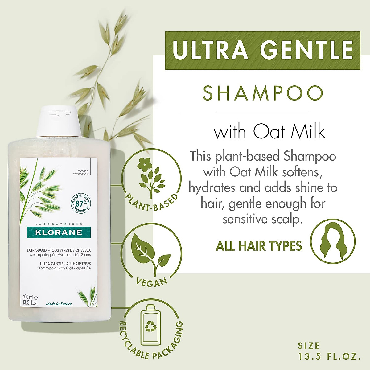 Klorane Ultra-Gentle Shampoo with Oat Milk, Sulfate-Free, Dermatologist and Pediatric Tested, Hypoallergenic, Vegan, Plant-based, Biodegradable