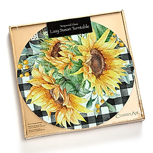 CounterArt Sunflower Fields 4mm Heat Tolerant Tempered Glass Lazy Susan Turntable 13" Diameter Cake Plate Condiment Caddy Pizza Server