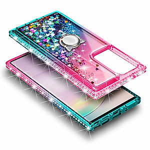 NGB Samsung Galaxy Note 20 Ultra Case with Screen Protector (Maximum Coverage, Flexible TPU Film), Ring Holder, Girls Women Liquid Bling Sparkle Fashion Glitter Clear Cute Case (Pink/Aqua)