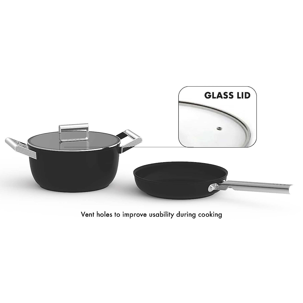 SMEG 6PC Cookware Set, Black 9.5" Fry Pan 11" Fry Pan 3qt Sauce Pan 5 Qt Casserole CKFB06BLMUS Made in Italy