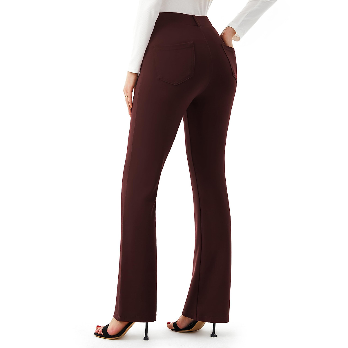 AFITNE Women's Yoga Dress Pants Stretchy Straight Leg Bootcut Work Travel Pants Business Office Casual Slacks with Pockets 31" Brown, M