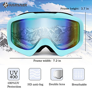 Karsaer Ski Goggles Anti-Fog Snow Goggles OTG 100% UV Protection Snowboard Goggles Bendable Dual-Lenses for Men Women Youth