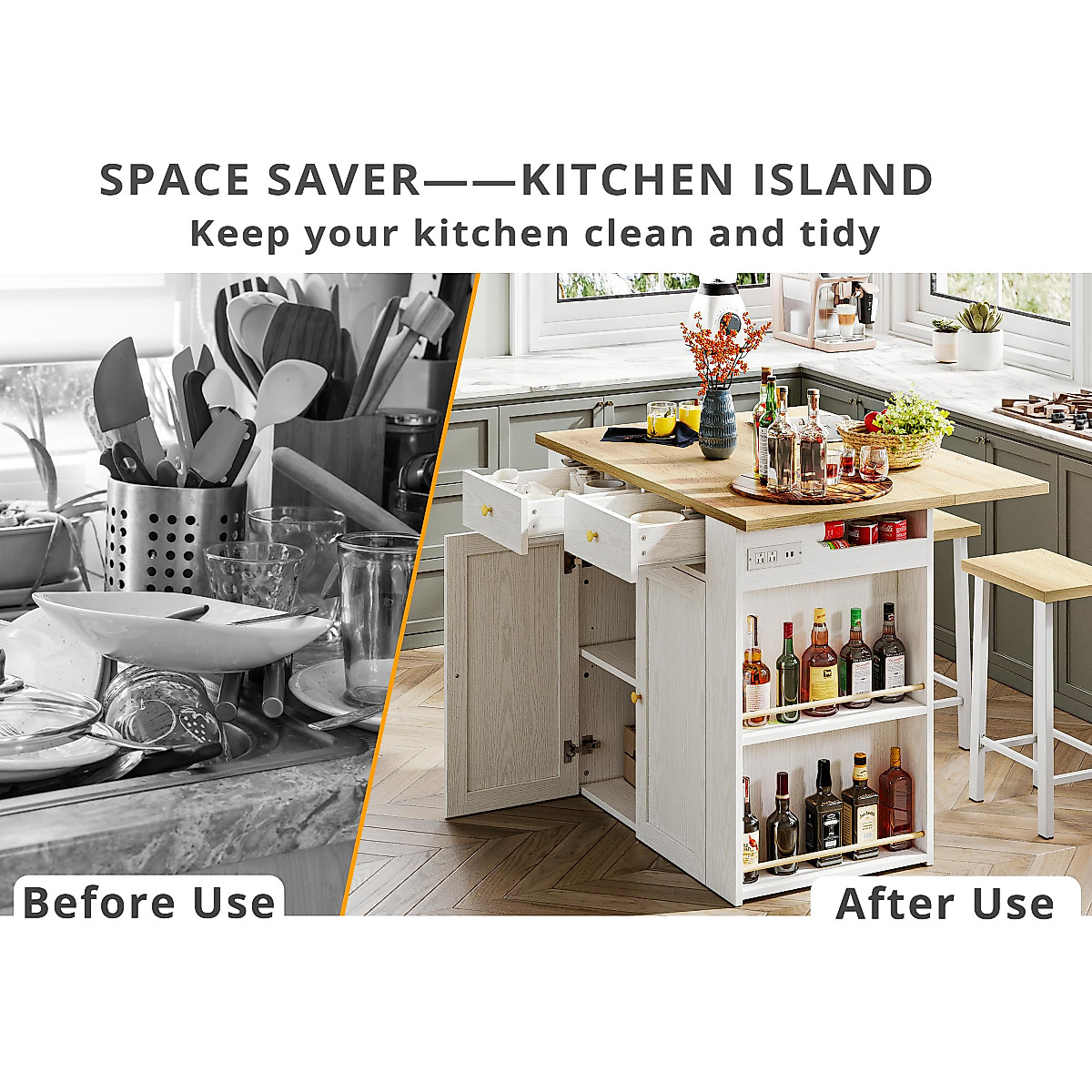 IRONCK Kitchen Island with Storage, with 2 Stools, Ample Storage Space with Power Strip, Large Countertop with Drop-Leaf Design, 2-Door Cabinet and 5 Open Side Racks/2 Utility Drawers, White