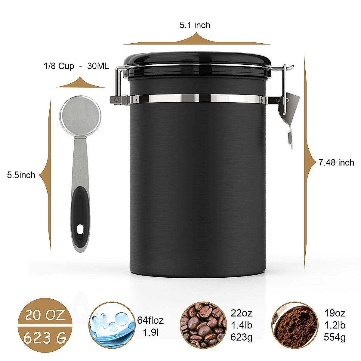 Airtight Coffee Canister, Large Stainless Steel Coffee Bean Storage Container for Kitchen with Date Tracker, Measuring Scoop, One Way Co2 Valve (Extra 6pcs) for Beans, Grounds Tea, Sugar (16OZ, Black)