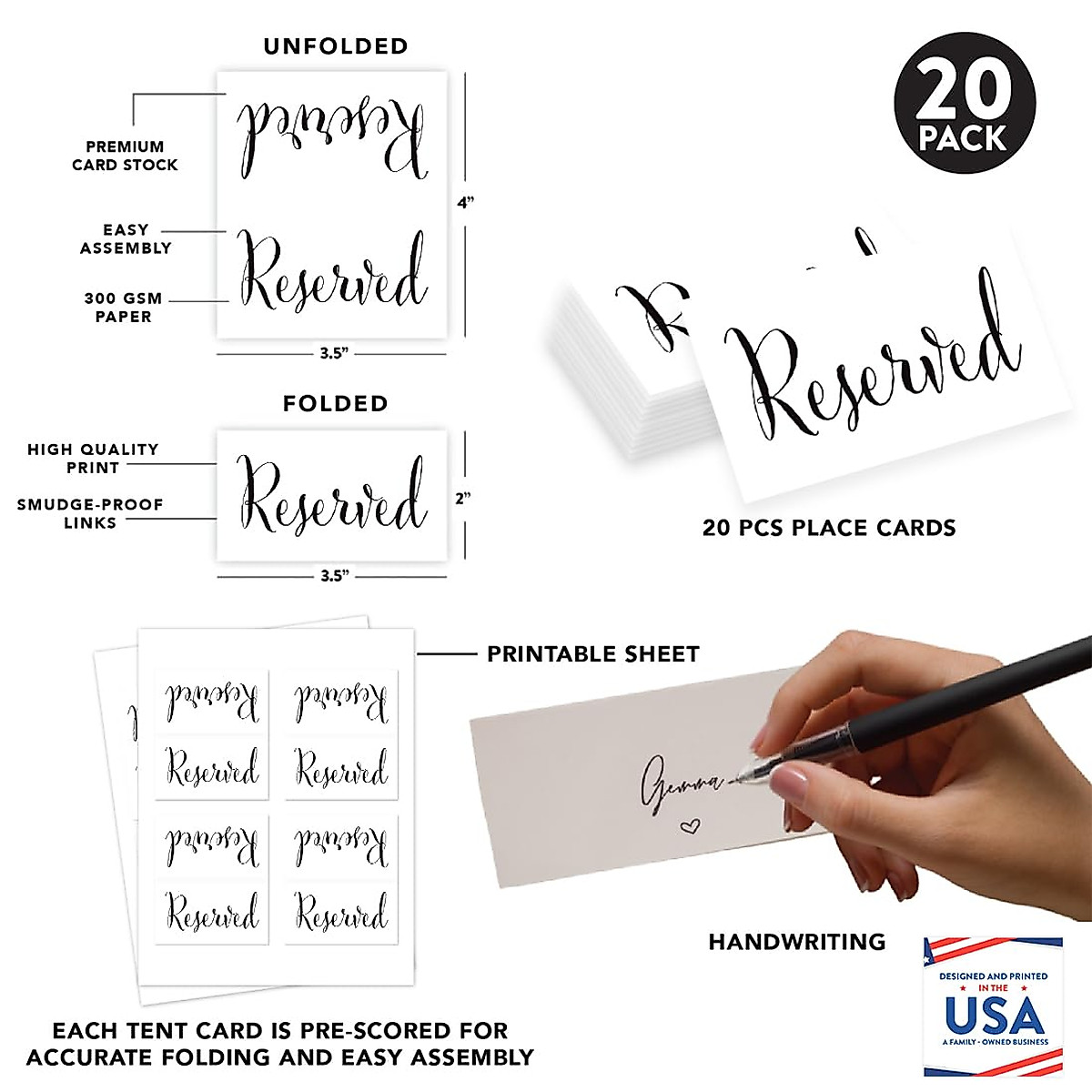 Andaz Press Table Tent Place Cards On Perforated Paper, Formal Black And White, Reserved, 20-Pack, Placecards Table Settings Reserved Table Signs Reserved Seating Signs Reserved Signs For Tables