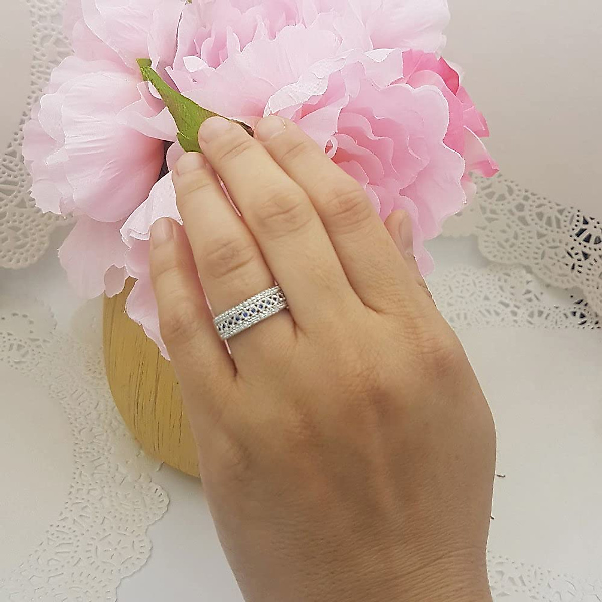 Dazzlingrock Collection Round Blue Sapphire & White Diamond Ladies Anniversary Triple Row Thick Fancy Wedding Band | 10K White Gold, Size 7