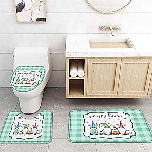 OneHoney Shower Curtain Sets 4 Pieces with Non-Slip Rugs Easter Gnome with Spring Flowers and Eggs,Waterproof Bathroom Curtains, Teal Buffalo Plaid Decor Bath Mat, Toilet Lid Cover and Floor Door Mat