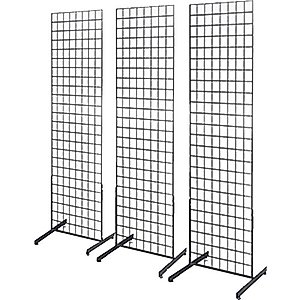 Only Hangers 2' x 6' Grid Wall Panel Floorstanding Display Fixture with Deluxe T-Style Base, Black. Three-Pack Combo.