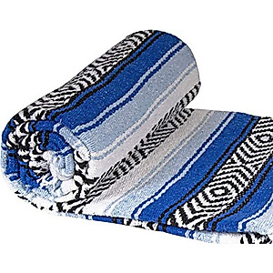 Genuine Mexican Handwoven Blanket, Premium Large Heavyweight Falsa Blanket, Serape & Yoga Blanket | Beach Blanket | Throw Blanket | Picnic Blanket(Large Heavy, Royal Blue and Light Blue)