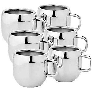 Khandekar Set of 6 Stainless Steel Coffee & Tea Cup with HandlesStainless Steel Coffee Cup Mug Double Wall Stainless Steel Tea Cups, Reusable & Dishwasher Safe - 3.5 oz/each cup
