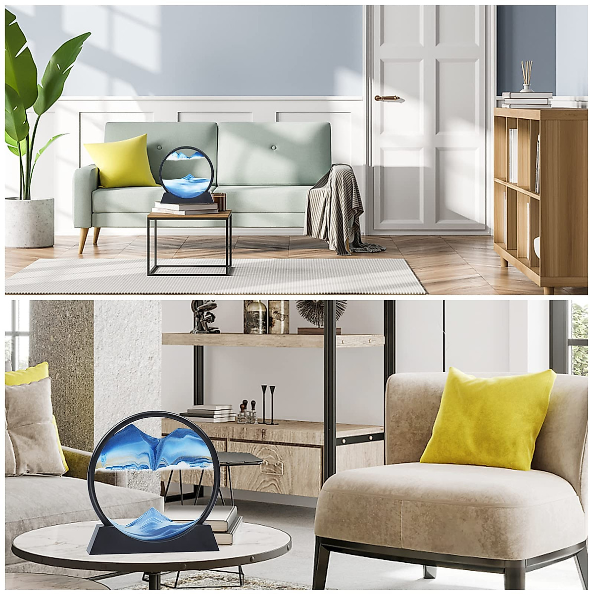 Winthfure Moving Sand Art Picture-3D Deep Sea Sandscape in Round Glass Flowing Sand Frame, Large Desktop Sand Art Toys, Relaxing Home and Office Decorations (7", Blue)