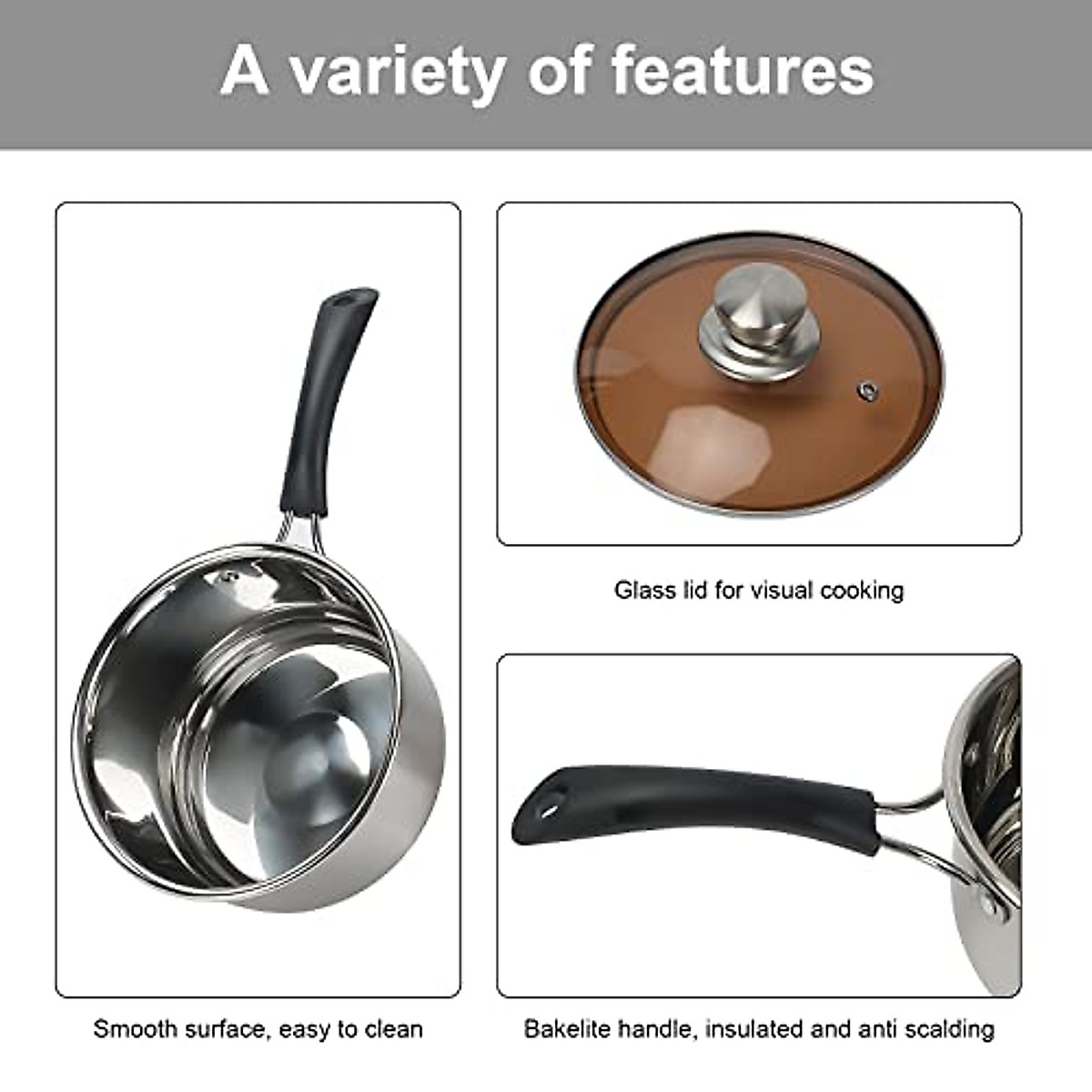 HOXHA Sauce Pot, 1.5 Quart Nonstick Saucepan, Stainless Steel Saucepan with Lid, Universal Milk Pot, Multipurpose Pot for Kitchen Home Restaurant Black
