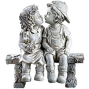 Lily's Home First Kiss Resin Garden Statue, Little Girl and Boy Kissing Yard Miniature Figurine, 9 Inch