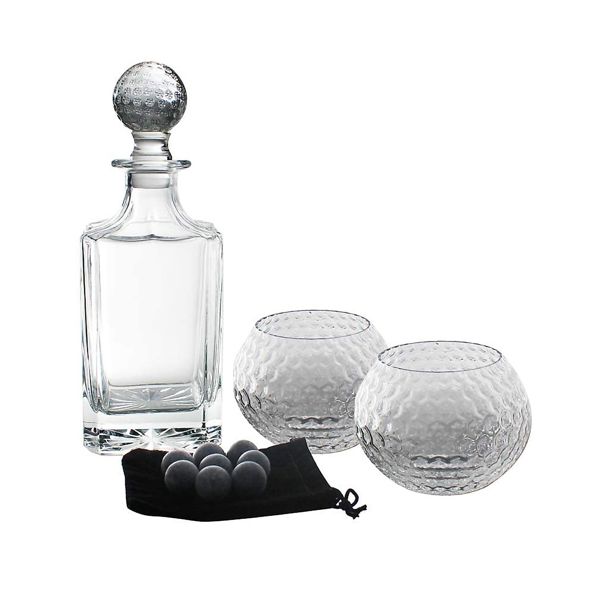 Golf Ball Whiskey Glass and Decanter Set by The Perfect Shot Whiskey Co. | Perfect Golf Gift Decanter Gift Set | Decanter, 2 Golf Ball Whiskey Glass, 8 Whiskey Stones and Gift Box