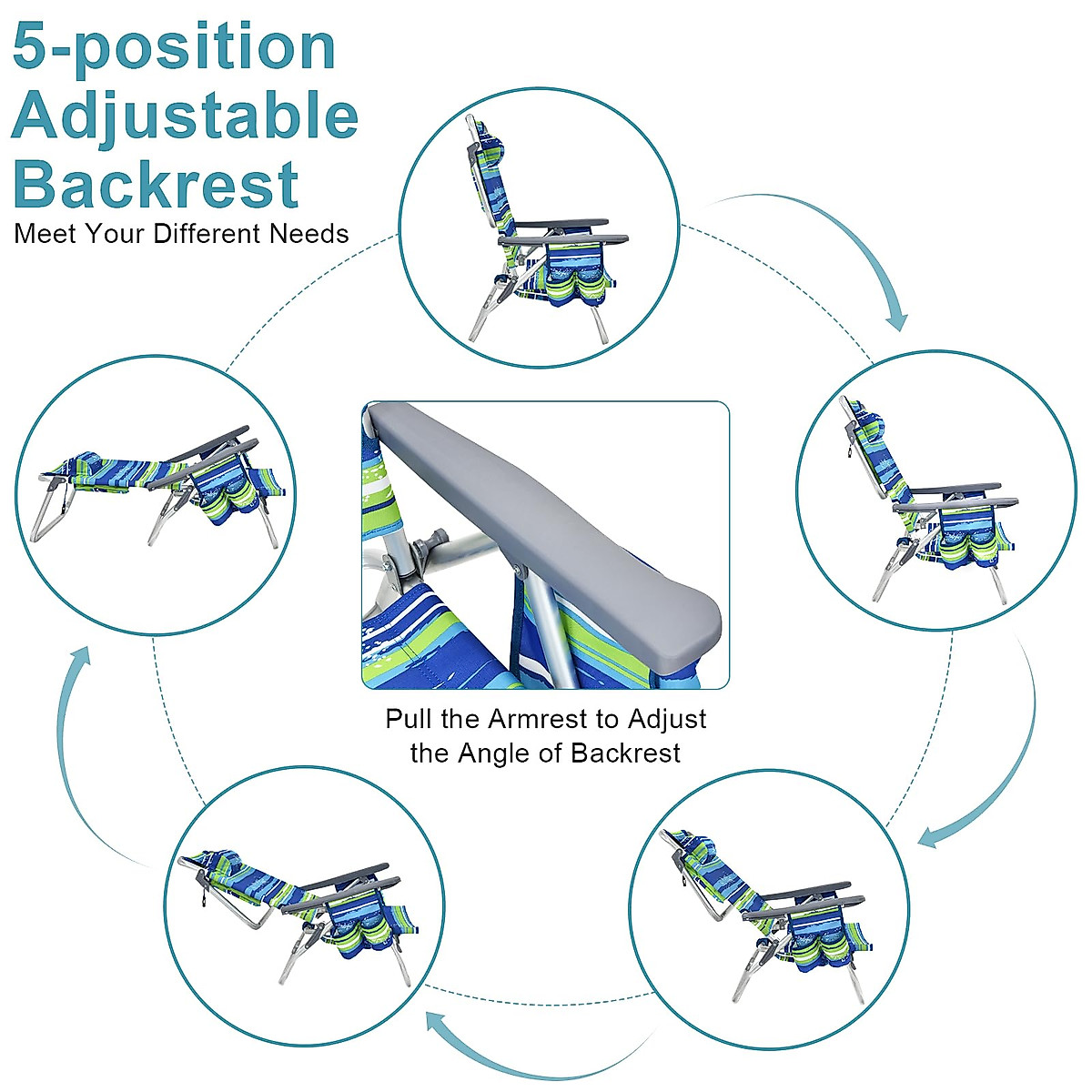GYMAX Beach Chairs, 2-Pack Backpack Camping Chair with Armrest, Cooler Bag, Cup Holder, Towel Bar & Side Pockets, Sunbath Sling Tanning Lounge, Folding Layout Chairs (Blue Strip, with Table)