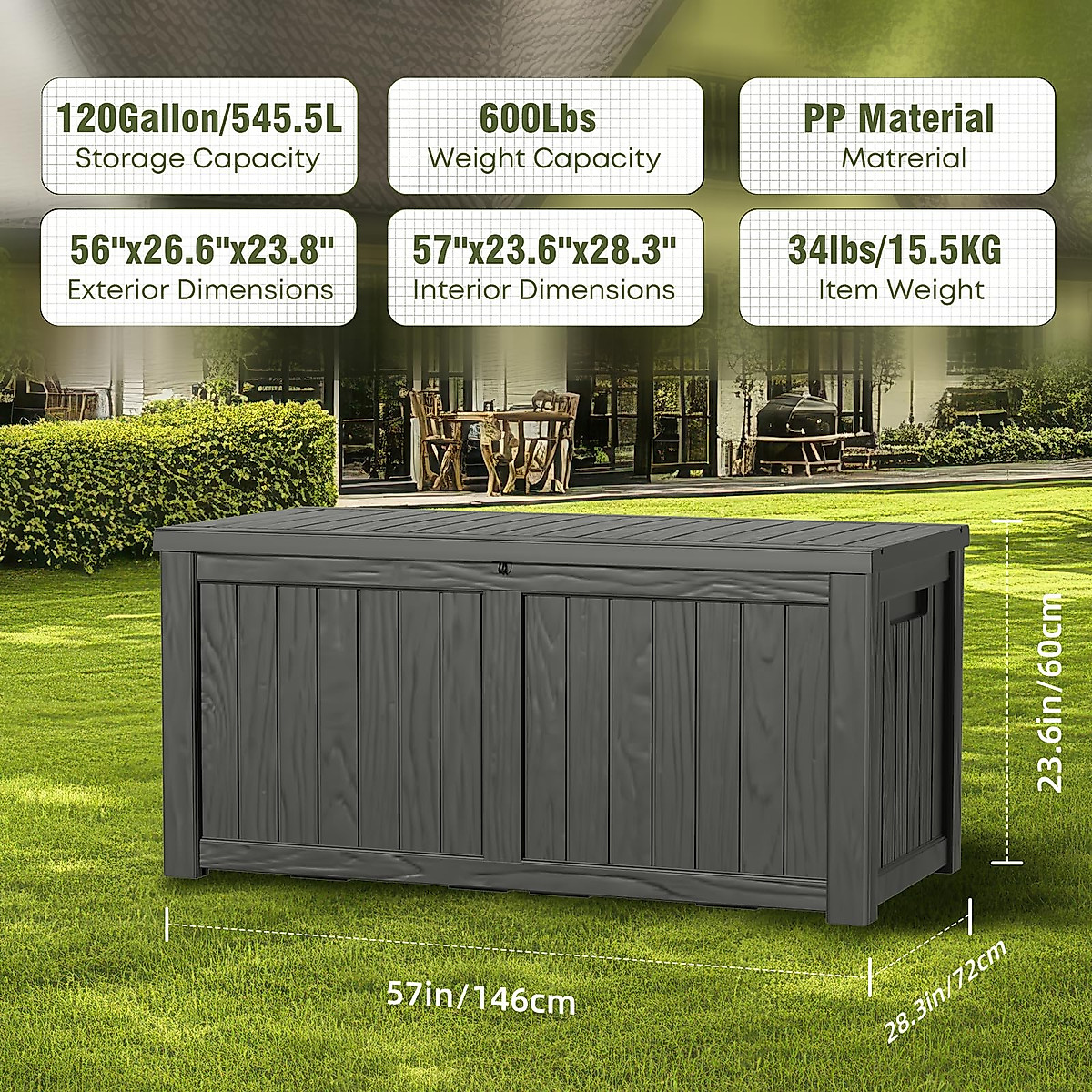 MAIUSCOLI 120 Gallon Outdoor Storage Box - Deck Box Waterproof Patio Furniture, Garden Tools, Cushions, Pool Accessories Outside Storage Resin Box,Black