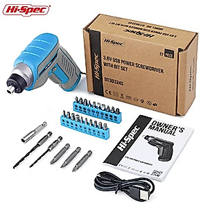 Hi-Spec 27pc 3.6V Blue USB Power Electric Screwdriver, Mini Drill and Small Drills Cordless with Driver Bit Set