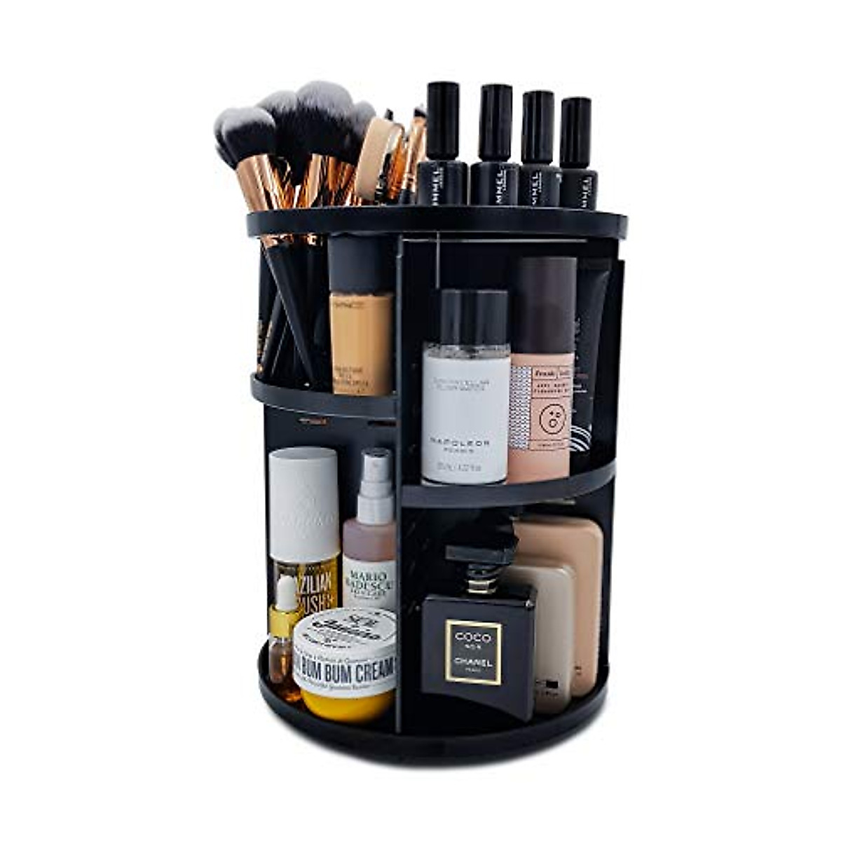 360 Rotating Makeup Organizer, DIY Adjustable Cosmetics Carousel Spinning Holder Storage Rack, Large Capacity, Eliminates Bathroom Countertop Clutter, Black, Luxx Chicc (Black)