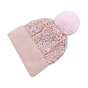Caviotess Women Sparkly Sequins Knitted Beanie Hat Warm Winter Skull Cap with Faux Fur Pom Pom Light Pink