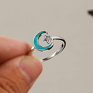 Angol Opal Moon Star Ring for Women Sterling Silver Adjustable Crescent Moon Ring 5A+ Cubic Zirconia Statement Hypoallergenic Finger Ring Gift with Box