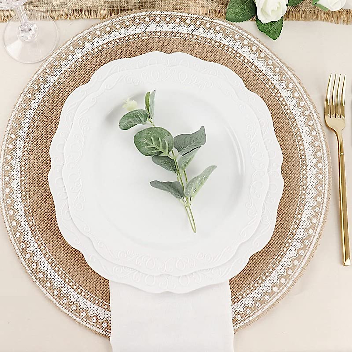 BalsaCircle 4 Natural 15 in Round Burlap Jute Braided Placemats White Prints Wedding Party Events Receptions Decorations Supplies