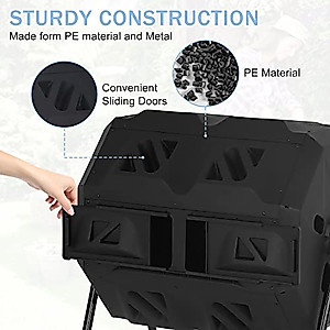 Compost Tumbler Outdoor,43 Gallon Composters Tumbling or Rotating Outdoor, Dual Chamber Compost Bins Outdoor, Tumbling Composter Bin with Sliding Doors for Kitchen Garden Patio,Black Door(Black)