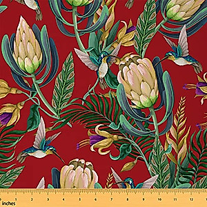Flower Hummingbird Fabric by The Yard,Plam Leaves Tropical Plant Upholstery Fabric for Sewing Lover,Retro Farmhouse Style Waterproof Outdoor Fabric Crafting Supplies,1 Yard