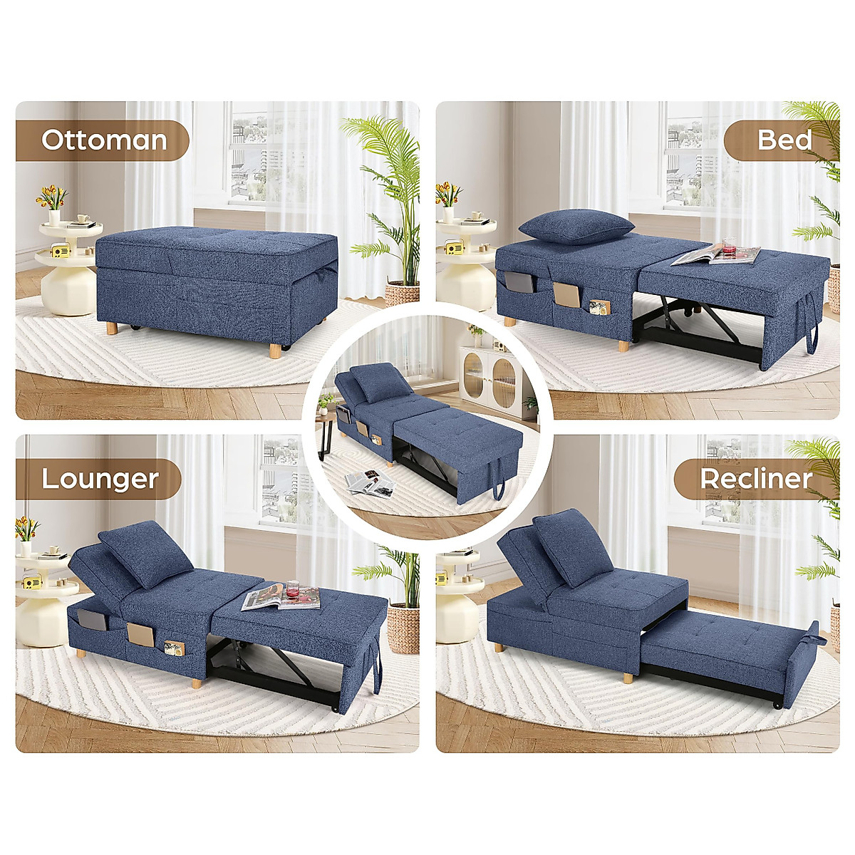 SEJOV Sleeper Sofa Chair Bed,4-in-1 Convertible Sofa Bed Chair with 6 Adjustable Backrest and Pillow, 3-Seat Pull Out Sleeper Chair Linen No Backrest for Bedroom Small Space Living Room, Navy Blue