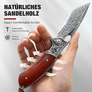 DRACHENADER Knife Damascus Pocket Knife Damascus Steel with Beautiful Leather Sheath, Outdoor Folding Knife Vg10 Core Wooden Handle Gift for Knife Lovers and Outdoor Enthusiasts