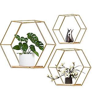 Wall Mounted Hexagonal Floating Shelves Set of 3 in Different Sizes, Modern Metal Wall Shelf, Simple Wood Partition Storage Shelves, Wall Decor Rack for Bedroom, Living Room, Kitchen and Office