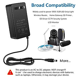 SHNITPWR 24V DC Power Supply Adapter 24 Volt 2A 48W AC to DC Converter Transformer 100~240V AC Input with 5.5x2.5mm DC Tip for 5050 3528 LED Strip 3D Printer CCTV Security System LCD Monitor