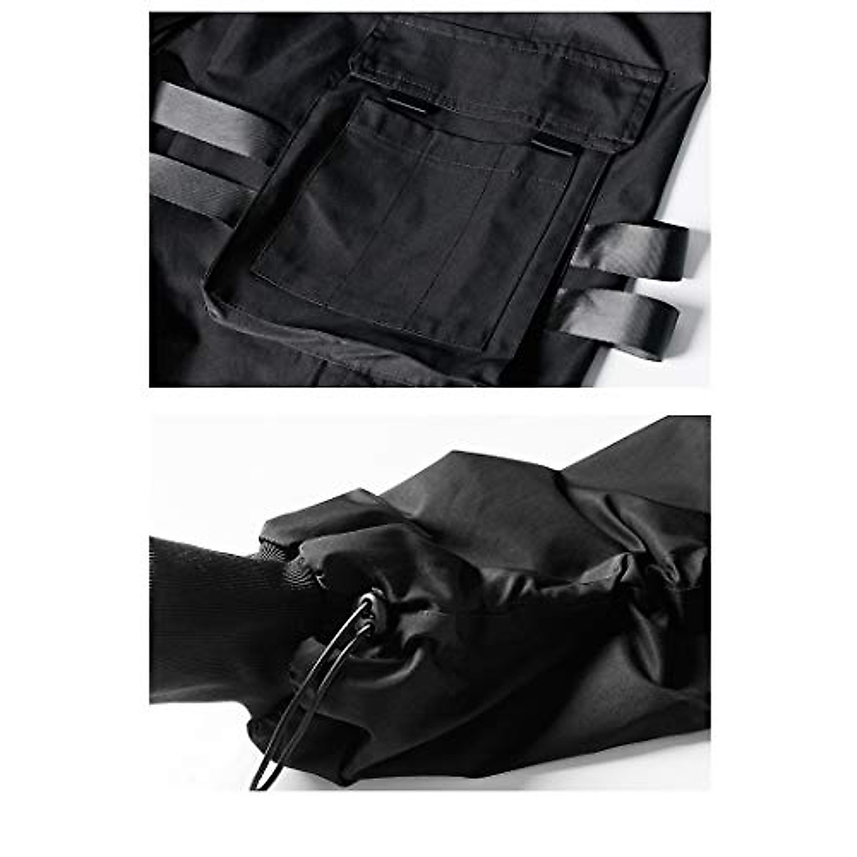 MOKEWEN Men's Multi Straps Cargo Pockets Streetwear Jogger Ankle Ninth Pants with Elastic Waist Drawstring Black W 32-33