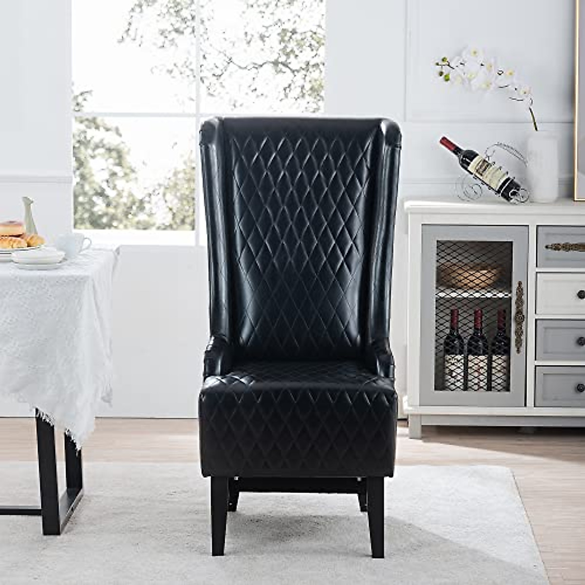 Yoluckea High Back Dining Chair, Retro Wing Back King Throne Chair Head Chairs for Dining Table, PU Leather Upholstered Accent Side Chair for Living Room Dining Room Bedroom, Black