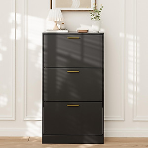 LYNSOM Shoe Cabinet, Free Standing Tipping Bucket Shoe Rack Organizer with 3 Flip Drawers, Modern Entryway Shoe Storage with Top Display, Narrow Slim Hidden Shoe Cabinet (Black)