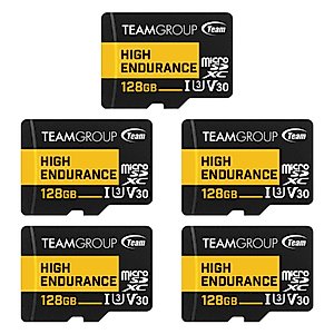 TEAMGROUP HIGH Endurance 128GB 5 Pack Micro SDXC UHS-I U3 V30 4K 100MB/s (Designed for Monitoring) Memory Card for Wyze, Dash Cam, Security Camera, 4K & Full HD Video Recording THUSDX128GIV3068