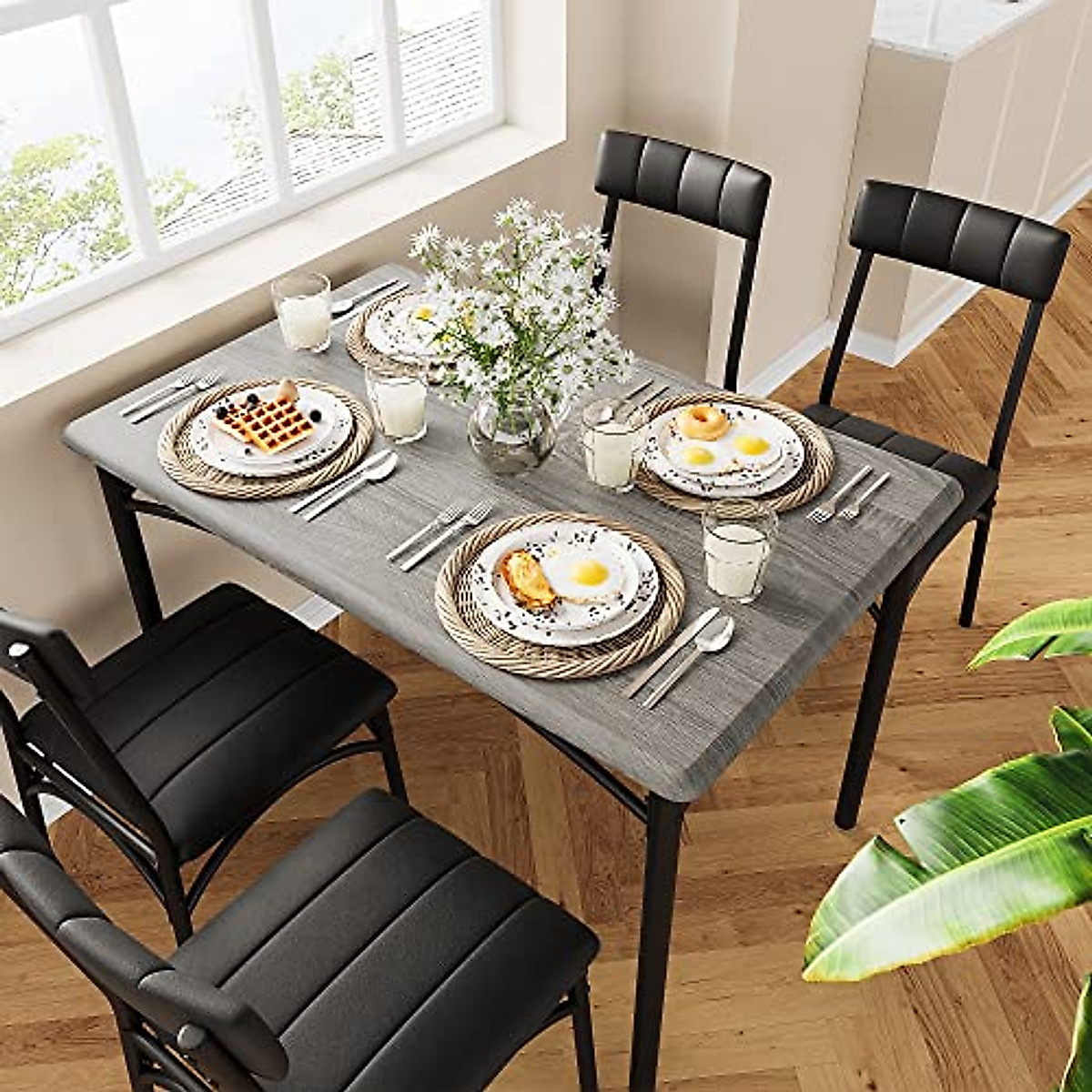 IDEALHOUSE Kitchen Table Set with Chairs, Dining Table Set for 4, Metal and Wood Rectangular Dining Room Table Set with 4 Upholstered Chairs, 5 Piece Dining Set for Small Space, Apartment, Rustic Grey