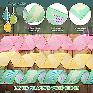 3 Rolls 30 Yards Easter Bunny Wired Edge Ribbons 2.5 Inch Decorative Wired Ribbons Easter Pastel Spring Fabric Ribbon Colorful Party Decorations for DIY Craft Wreath Gift, Pink, Yellow, Green