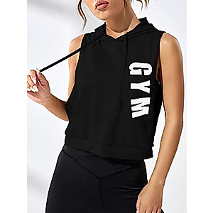 Verdusa Women's Letter Graphic Sleeveless Drawstring Sports Hoodie Workout Shirt Black L