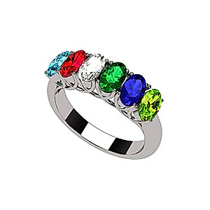 Central Diamond Center Oval Cut Lucita Mothers Birthstone Ring w/ 1 to 7 Simulated Birthstones - Sterling Silver-Size 10