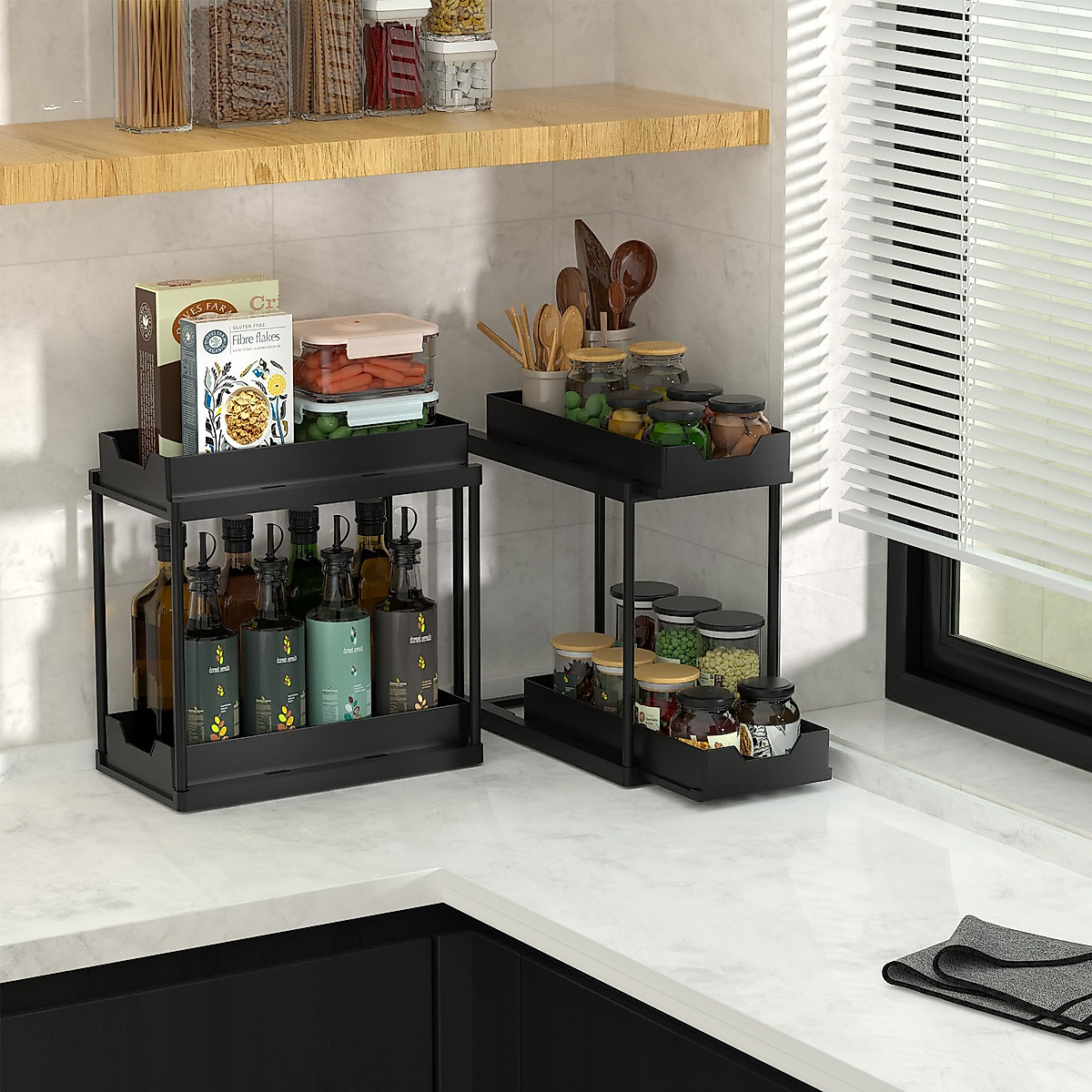 Under Sink Organizers and Storage, LUX DAILY Bathroom Storage with 2-Tier Sliding Storage Shelves, Kitchen Under Sink Organizer for Under Kitchen Bathroom Sink, Countertop Organizer