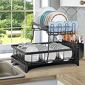 NIUXX Large Dishes Drying Rack Drainboard Set, 2 Tiers Stainless Steel Drainers Holder with Drainage Tray, Kitchen Counter Dish Dryer with Detachable Wine Glass Markcups Utensil Holder, Ideal Gift