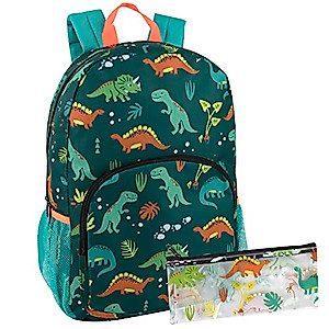 Trail maker Boys Backpack and Pencil Case Set for Kindergarten, Elementary School, 17 Inch Kids Backpack with Side Pockets (Goofy Grinning Dinos)