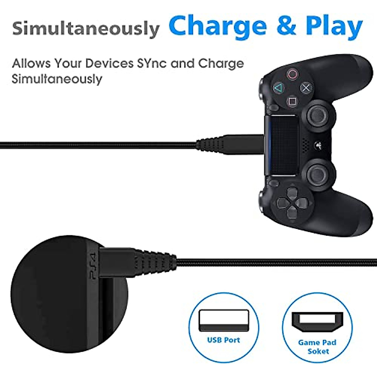 PS4 Controller Charger Cable,Playstaion 4 Charging Cord 10ft 2Pack for Sony Playstaion 4,PS4 Slim/Pro,Dualshock 4,Xbox One/One X,Micro USB High Speed Data Sync Power Wire,Nylon Braided Extra Long