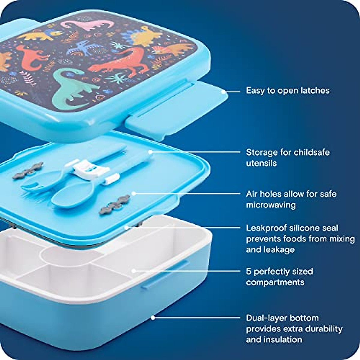 RUVALINO Bento Lunch Box for Kids, 5-Compartment Bento-Style Kids Lunch Box with Utensils, Leak-Proof, Dishwasher Safe, Pre-School Kid Daycare Lunches Snack Container for Ages 5 and up, Dinosaur
