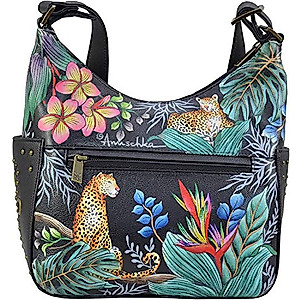 Anuschka Women's Hand-Painted Genuine Leather Classic Hobo With Studded Side Pockets - Jungle Queen