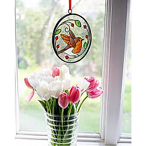 Bird Stained Glass Suncatcher Robin Bluebird Hand Painted Ornament Wall Window Hanging Double Side Redbreast Decor Birthday Lover Gift Box for Mom Grandma Teacher Women Friend with Memorial Card